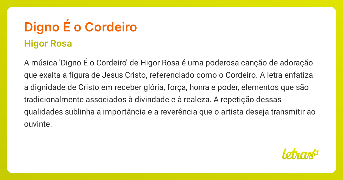 Significado da música DIGNO É O CORDEIRO (Higor Rosa) - LETRAS.MUS.BR