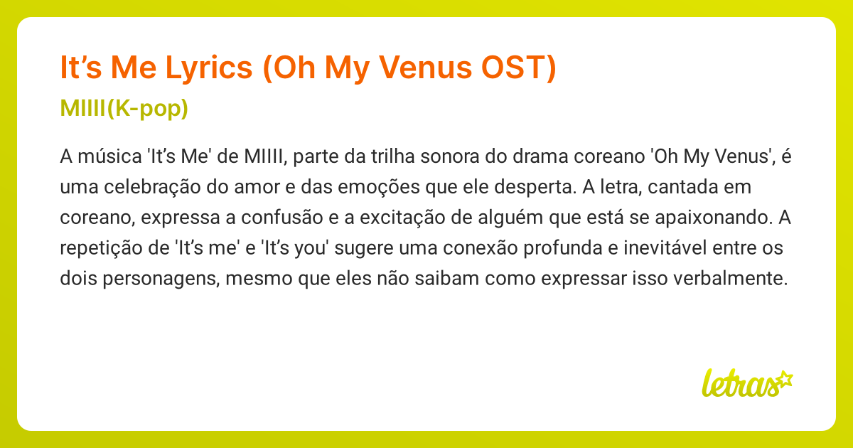 Significado da música It’s Me Lyrics (Oh My Venus OST) (MIIII(K-pop ...