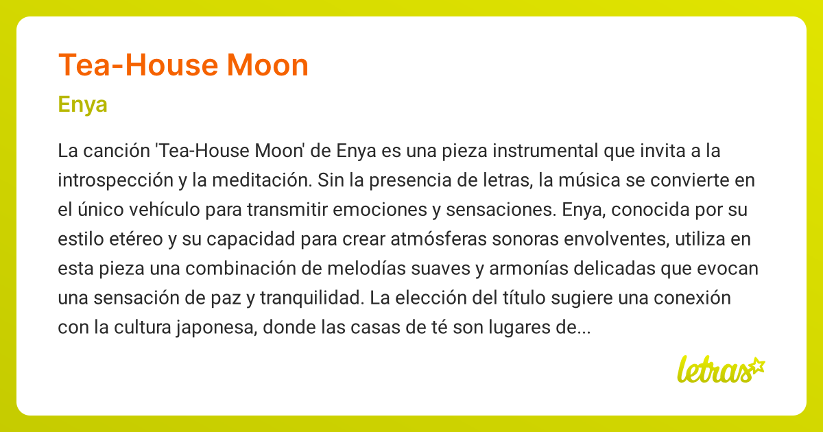 Significado de la canción TEA-HOUSE MOON (Enya) - LETRAS.COM