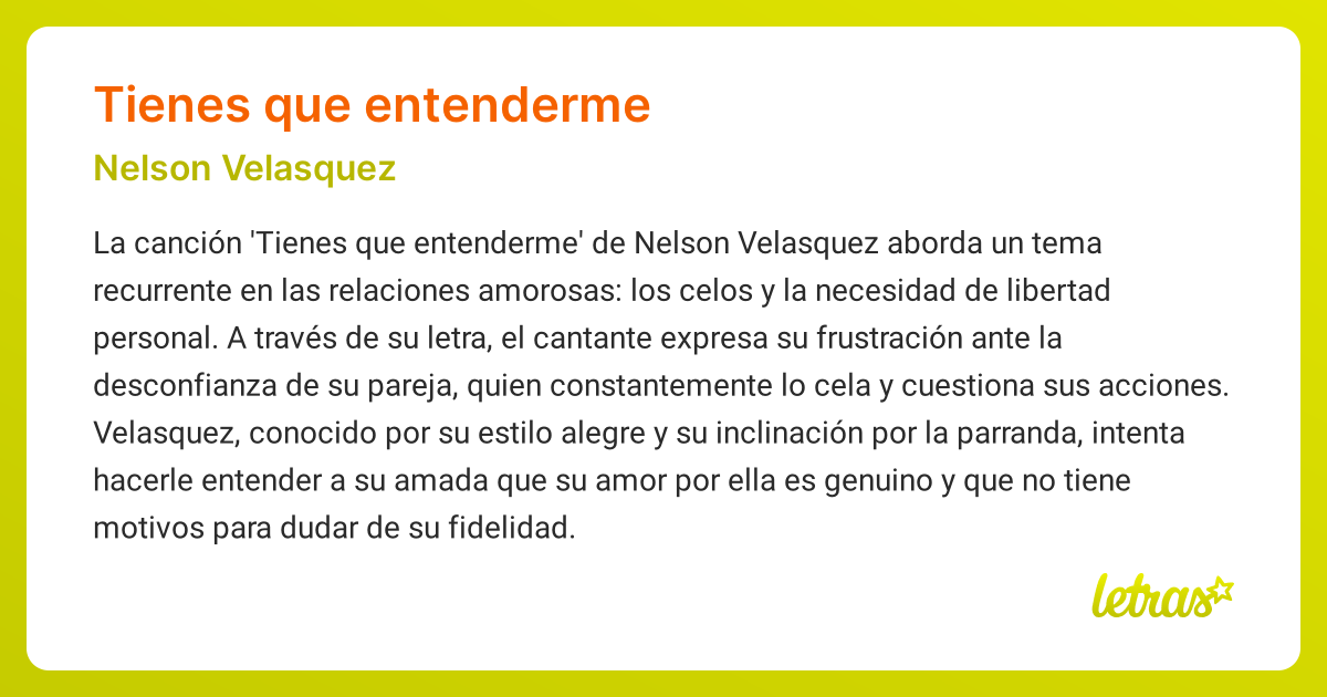 Significado de la canción TIENES QUE ENTENDERME (Nelson Velasquez ...