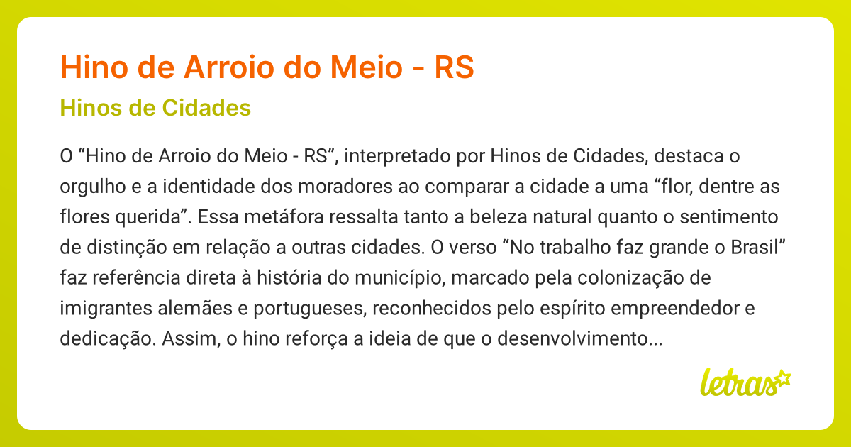 Significado da música HINO DE ARROIO DO MEIO - RS (Hinos de Cidades ...
