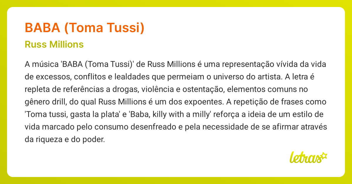 Significado da música BABA (TOMA TUSSI) (Russ Millions) - LETRAS.MUS.BR