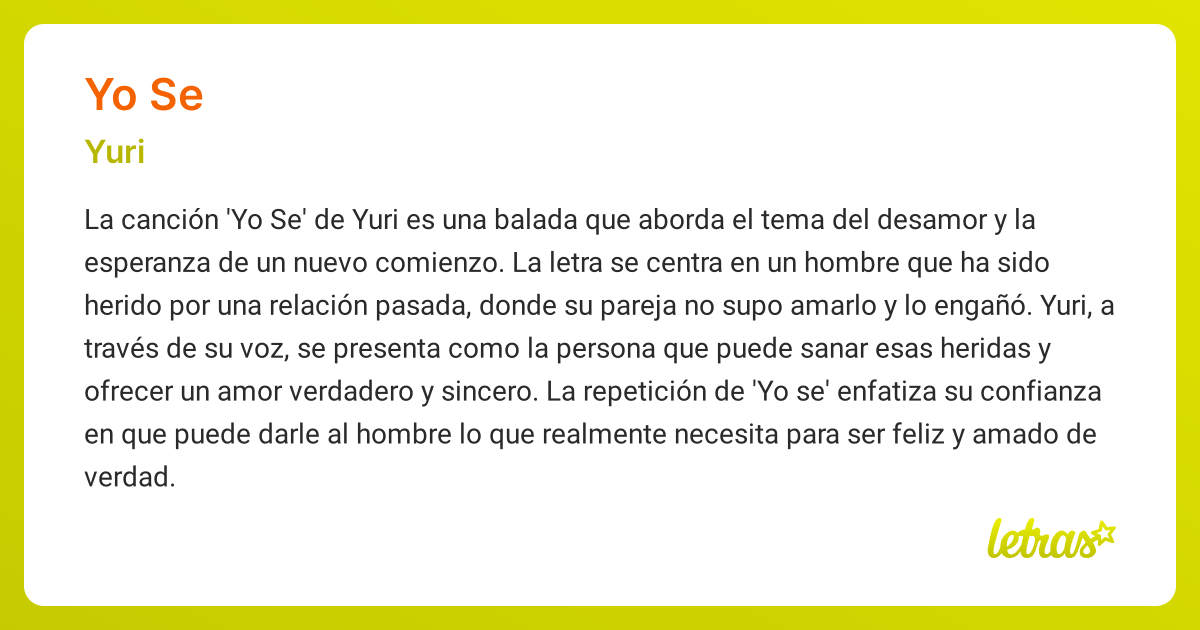Significado de la canción YO SE (Yuri) - LETRAS.COM