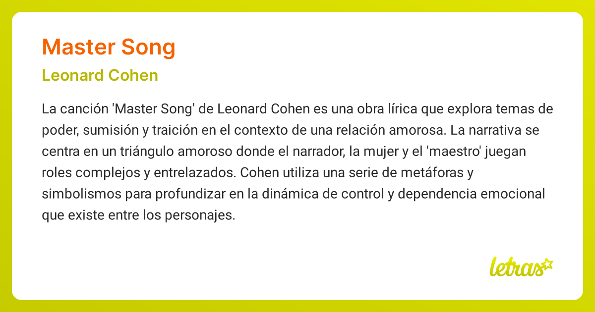 Significado de la canción MASTER SONG (Leonard Cohen) - LETRAS.COM