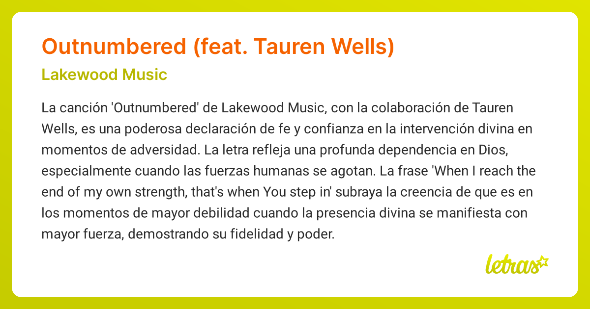 Significado de la canción Outnumbered (feat. Tauren Wells) (Lakewood ...