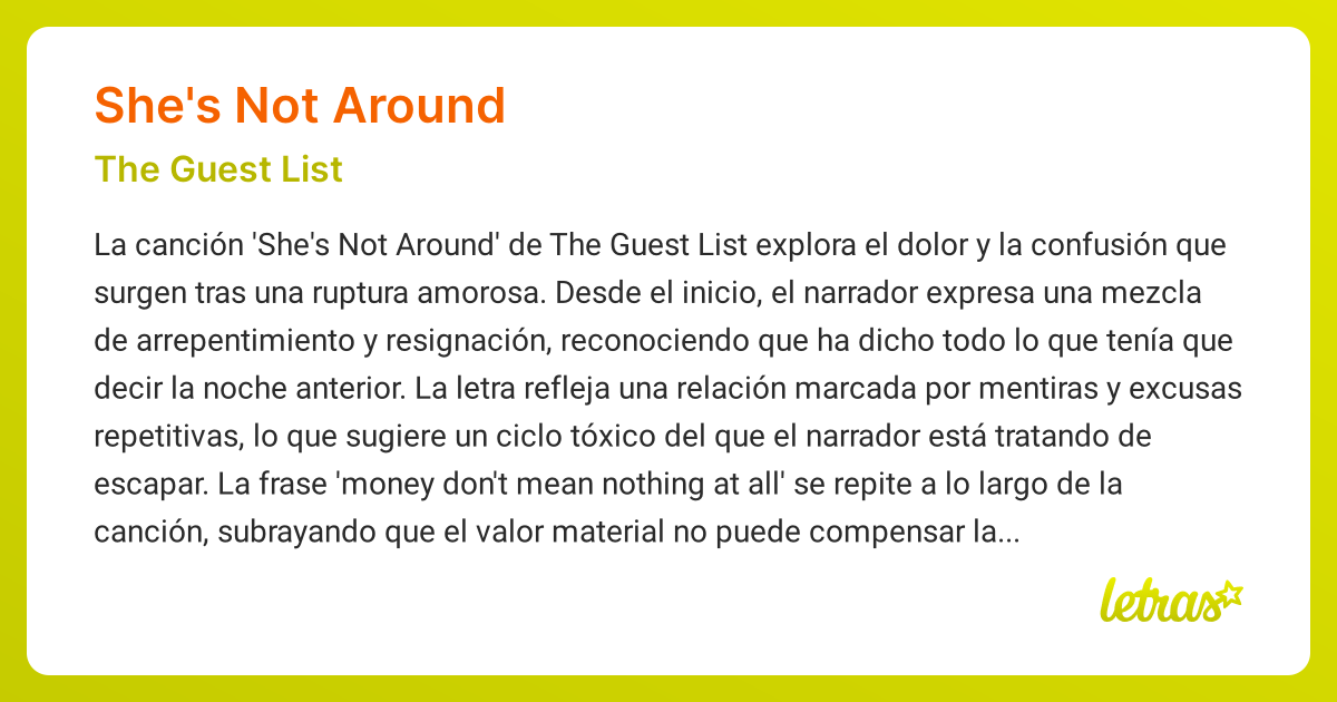 Significado de la canción SHE'S NOT AROUND (The Guest List) - LETRAS.COM
