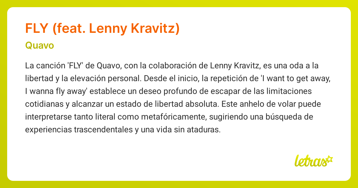 Significado de la canción FLY (FEAT. LENNY KRAVITZ) (Quavo) - LETRAS.COM