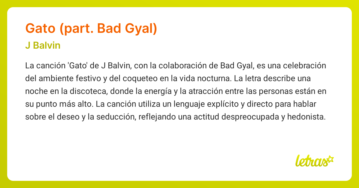 Significado de la canción GATO (PART. BAD GYAL) (J Balvin) - LETRAS.COM