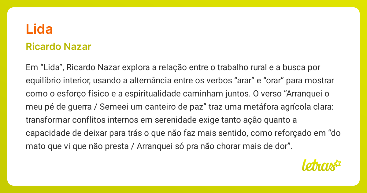 Significado da música LIDA (Ricardo Nazar) - LETRAS.MUS.BR