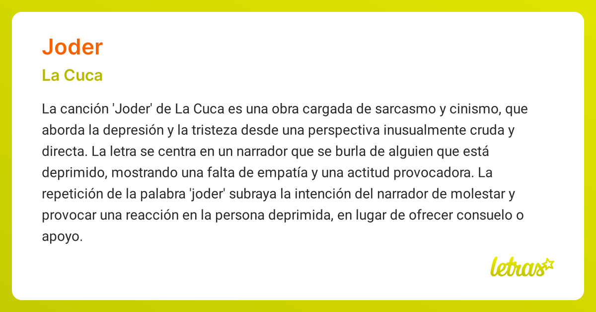 Significado de la canción JODER (La Cuca) - LETRAS.COM