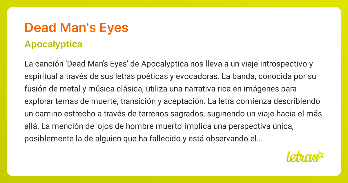 Significado de la canción DEAD MAN'S EYES (Apocalyptica) - LETRAS.COM