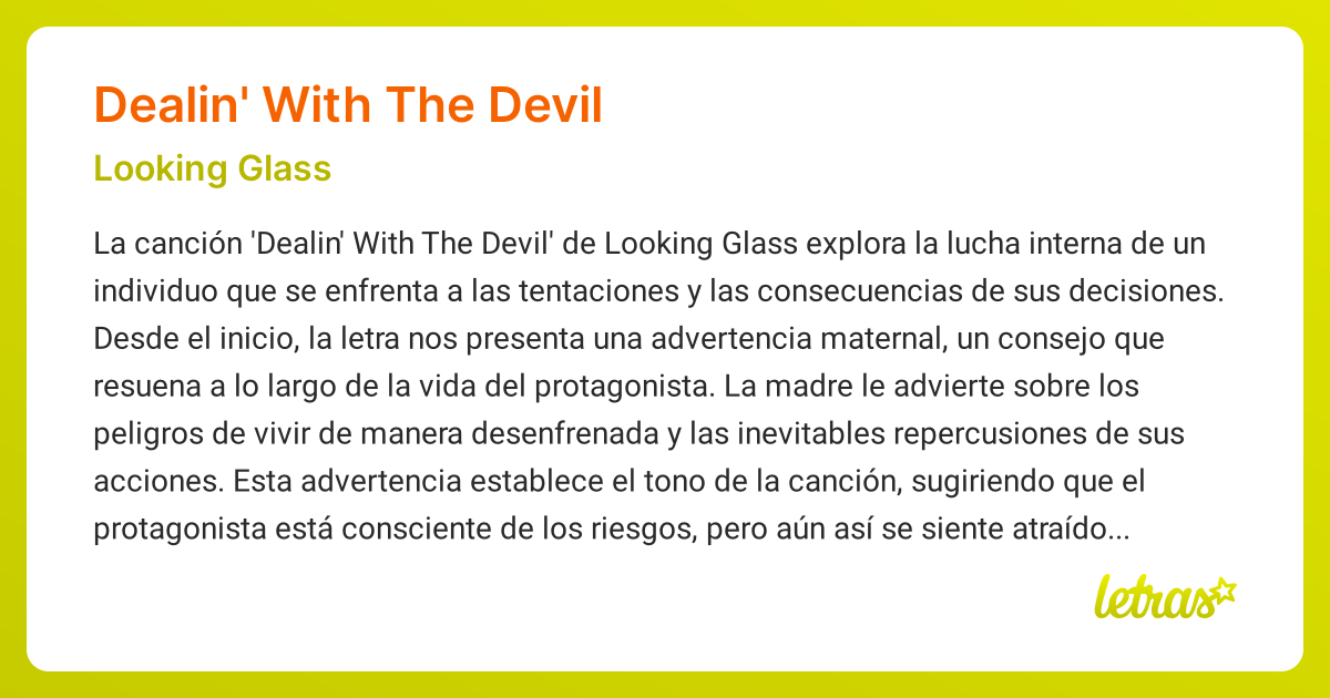 Significado de la canción DEALIN' WITH THE DEVIL (Looking Glass ...
