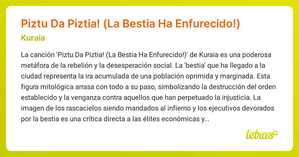 Significado de la canción Piztu Da Piztia! (La Bestia Ha Enfurecido ...