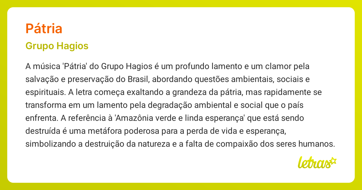 Significado da música PÁTRIA (Grupo Hagios) - LETRAS.MUS.BR