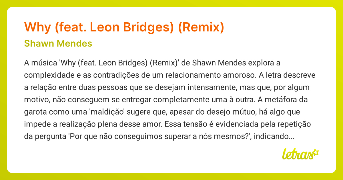 Significado da música Why (feat. Leon Bridges) (Remix) (Shawn Mendes ...