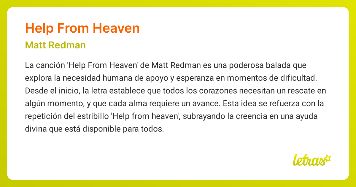 Significado de la canción HELP FROM HEAVEN (Matt Redman) - LETRAS.COM
