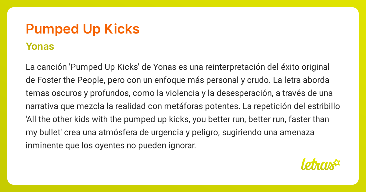 Significado de la canción PUMPED UP KICKS (Yonas) - LETRAS.COM