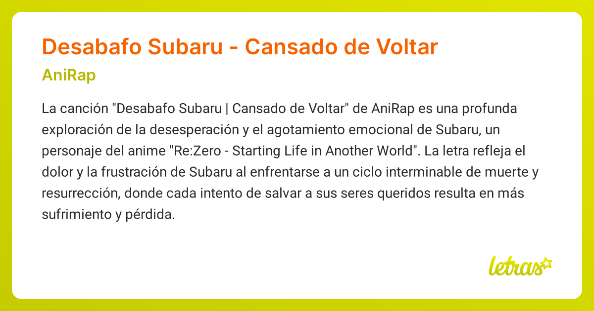 Significado de la canción Desabafo Subaru - Cansado de Voltar (AniRap ...