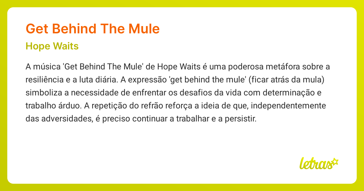 Significado da música GET BEHIND THE MULE (Hope Waits) - LETRAS.MUS.BR