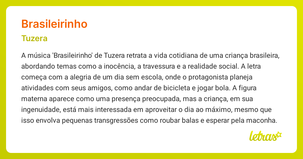 Significado da música BRASILEIRINHO (Tuzera) - LETRAS.MUS.BR