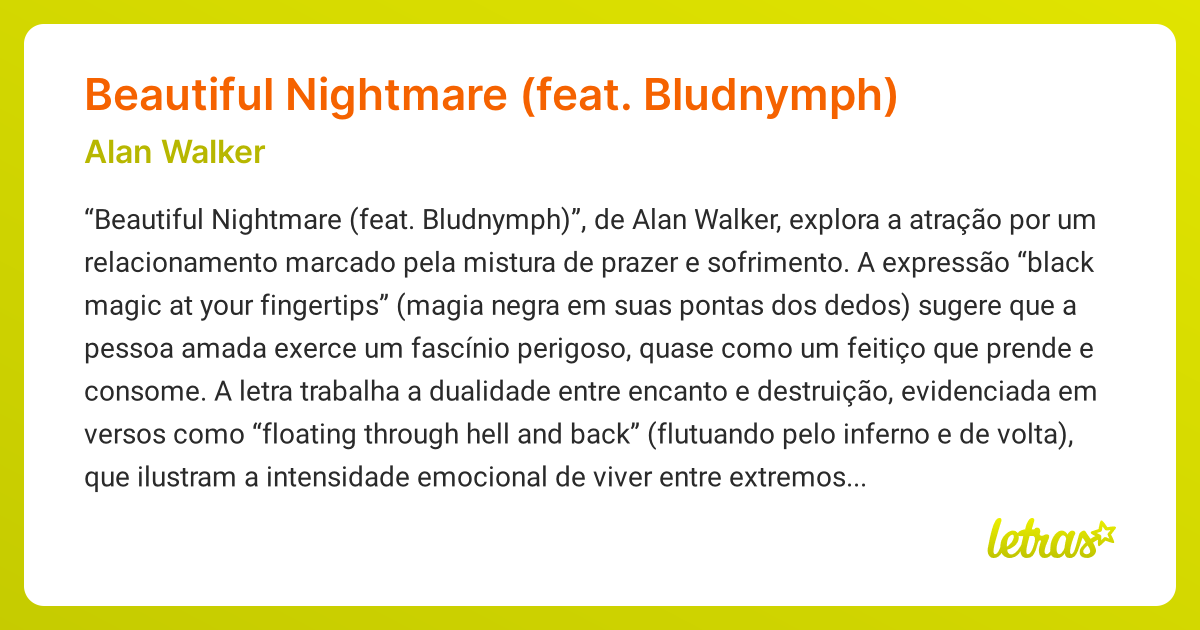 Significado da música Beautiful Nightmare (feat. Bludnymph) (Alan ...