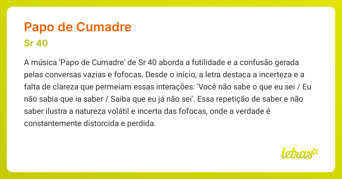 Significado da música PAPO DE CUMADRE (Sr 40) - LETRAS.MUS.BR