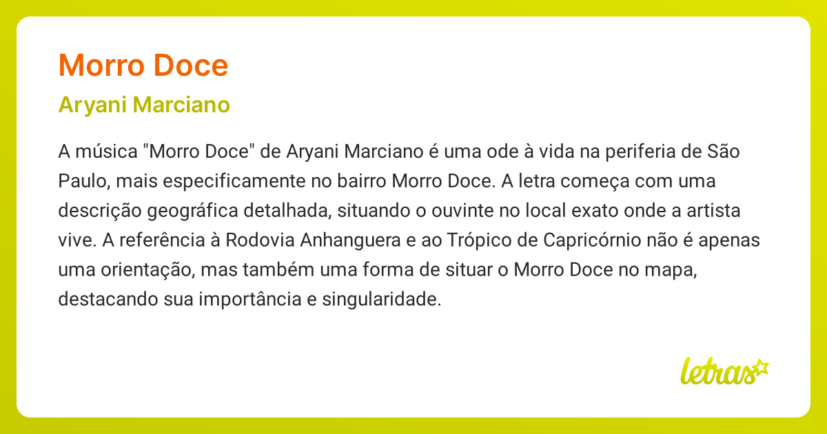Significado da música MORRO DOCE (Aryani Marciano) - LETRAS.MUS.BR