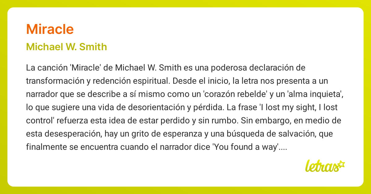 Significado de la canción MIRACLE (Michael W. Smith) - LETRAS.COM