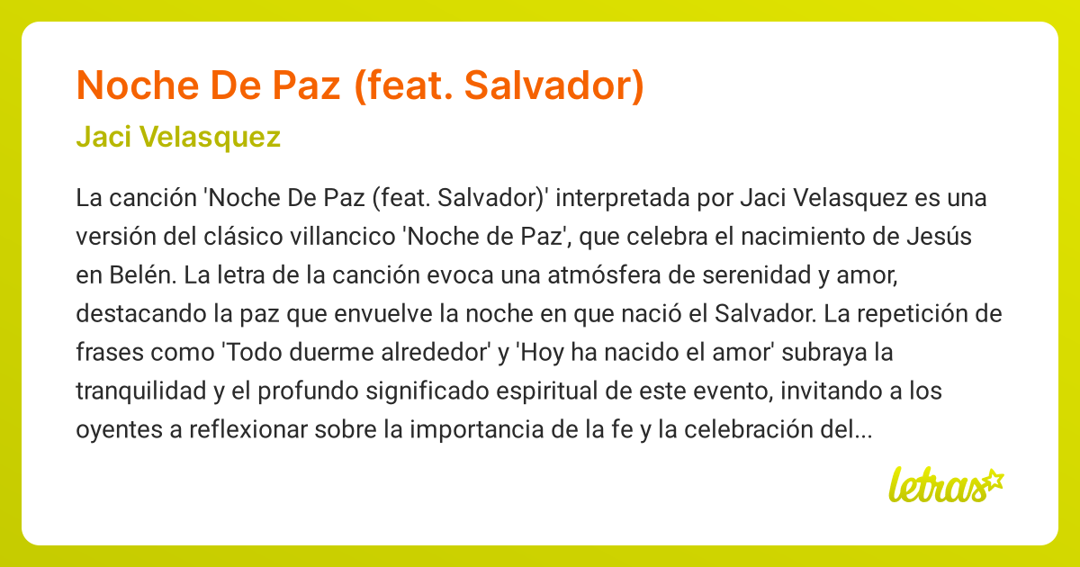 Significado de la canción NOCHE DE PAZ (FEAT. SALVADOR) (Jaci Velasquez ...