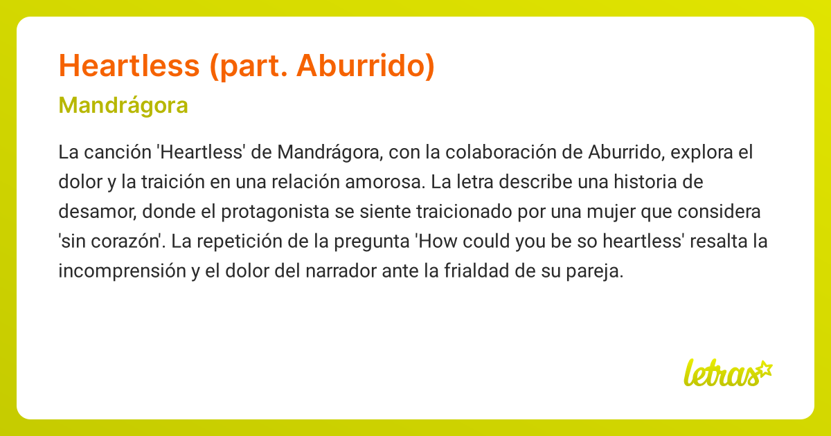 Significado de la canción HEARTLESS (PART. ABURRIDO) (Mandrágora ...