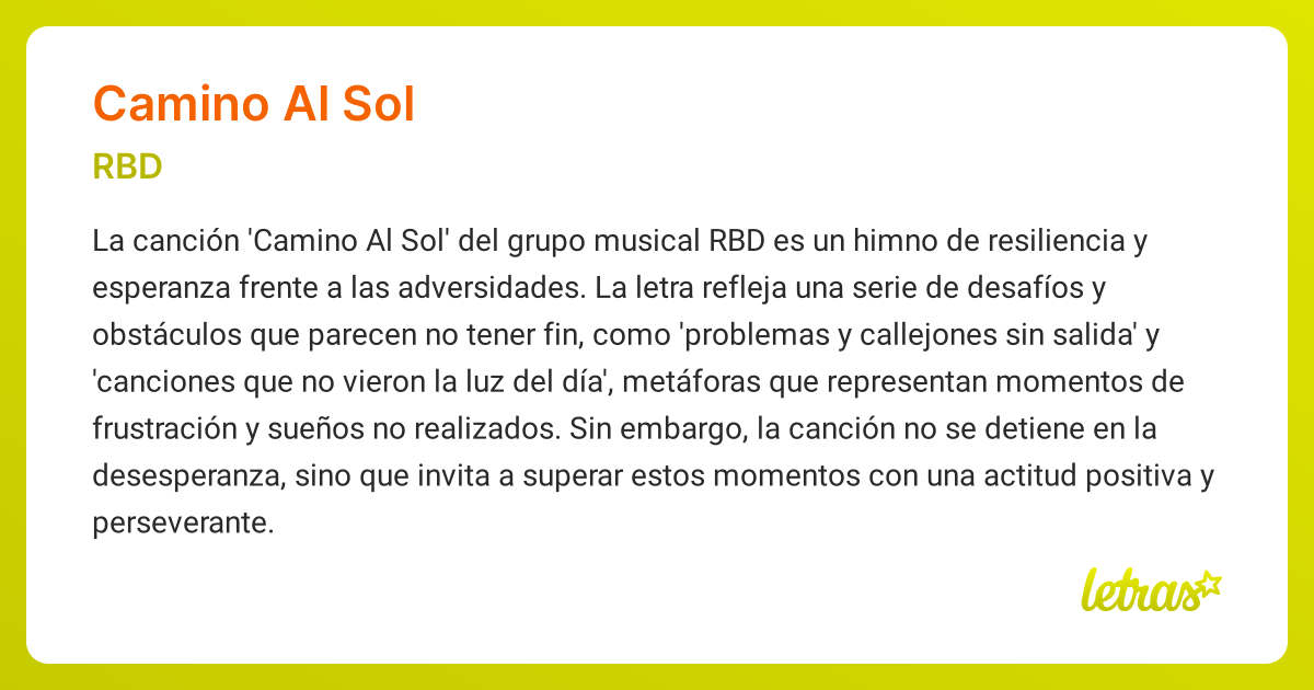 Significado de la canción CAMINO AL SOL (RBD) - LETRAS.COM