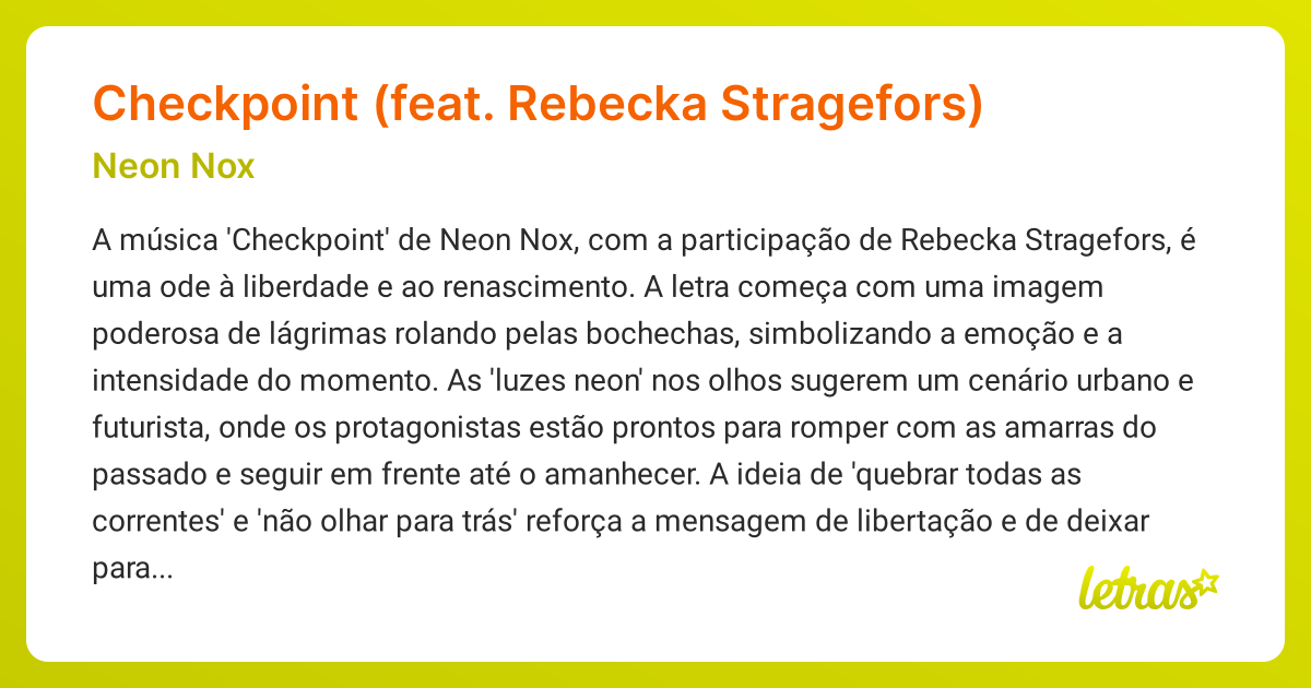 Significado da música Checkpoint (feat. Rebecka Stragefors) (Neon Nox ...