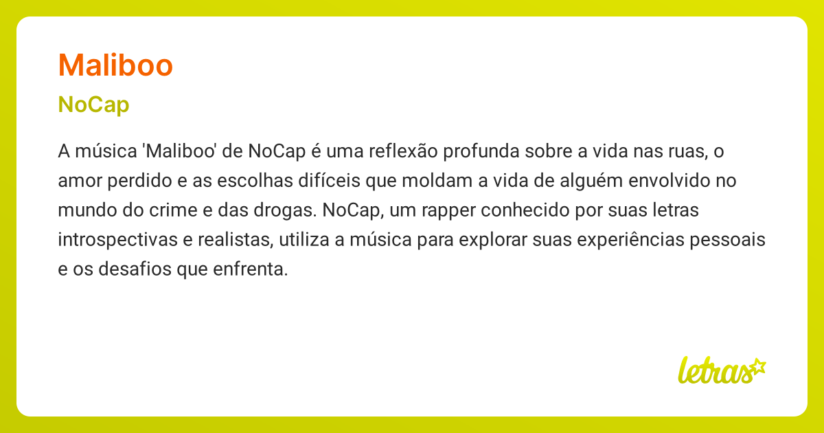 Significado da música MALIBOO (NoCap) - LETRAS.MUS.BR
