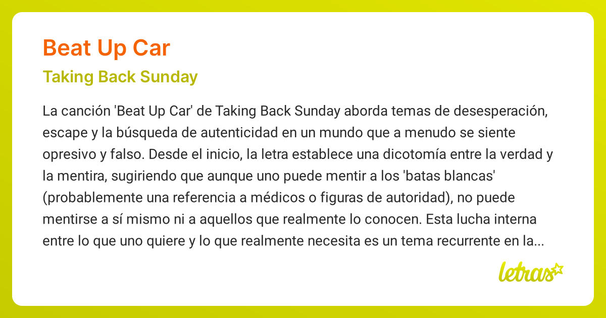 Significado de la canción BEAT UP CAR (Taking Back Sunday) - LETRAS.COM