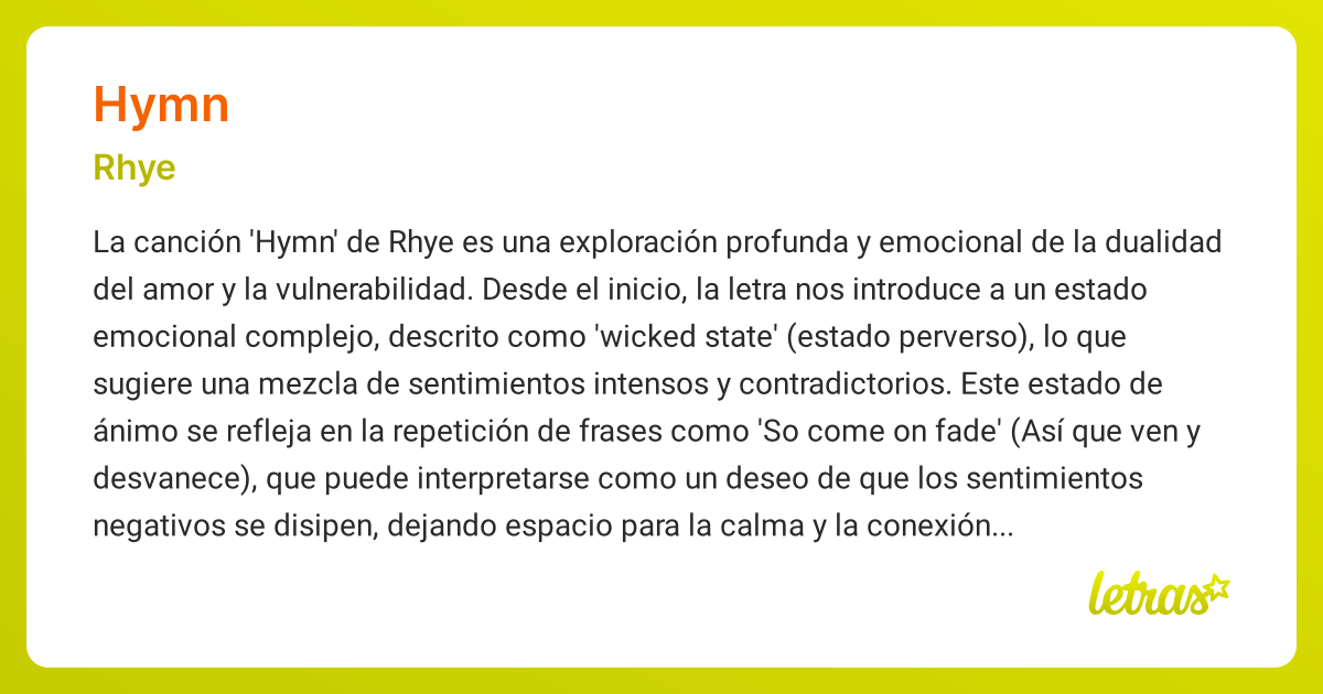 Significado de la canción HYMN (Rhye) - LETRAS.COM