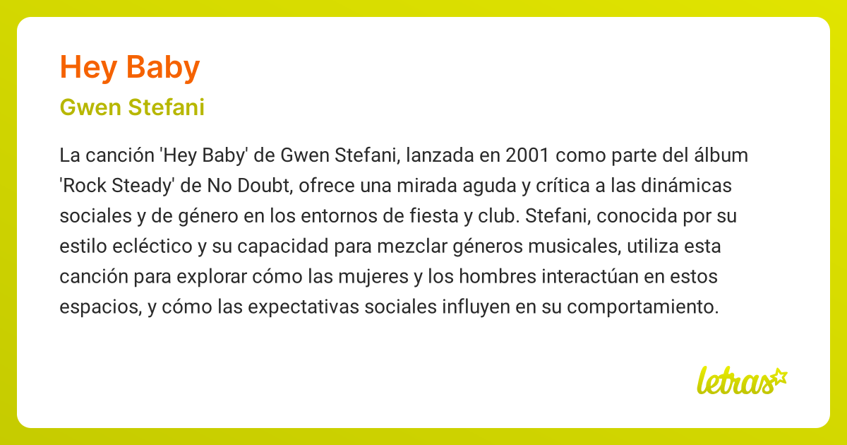 Significado de la canción HEY BABY (Gwen Stefani) - LETRAS.COM