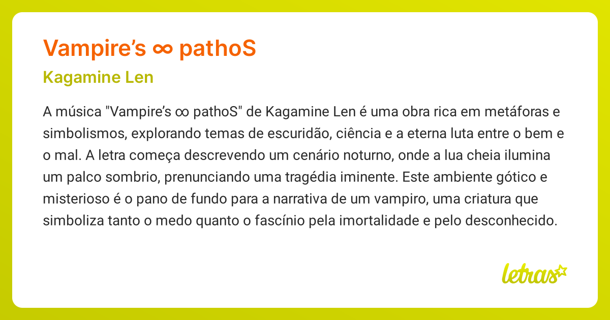 Significado da música VAMPIRE’S ∞ PATHOS (Kagamine Len) - LETRAS.MUS.BR
