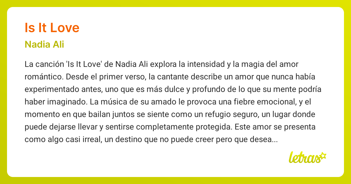Significado de la canción IS IT LOVE (Nadia Ali) - LETRAS.COM