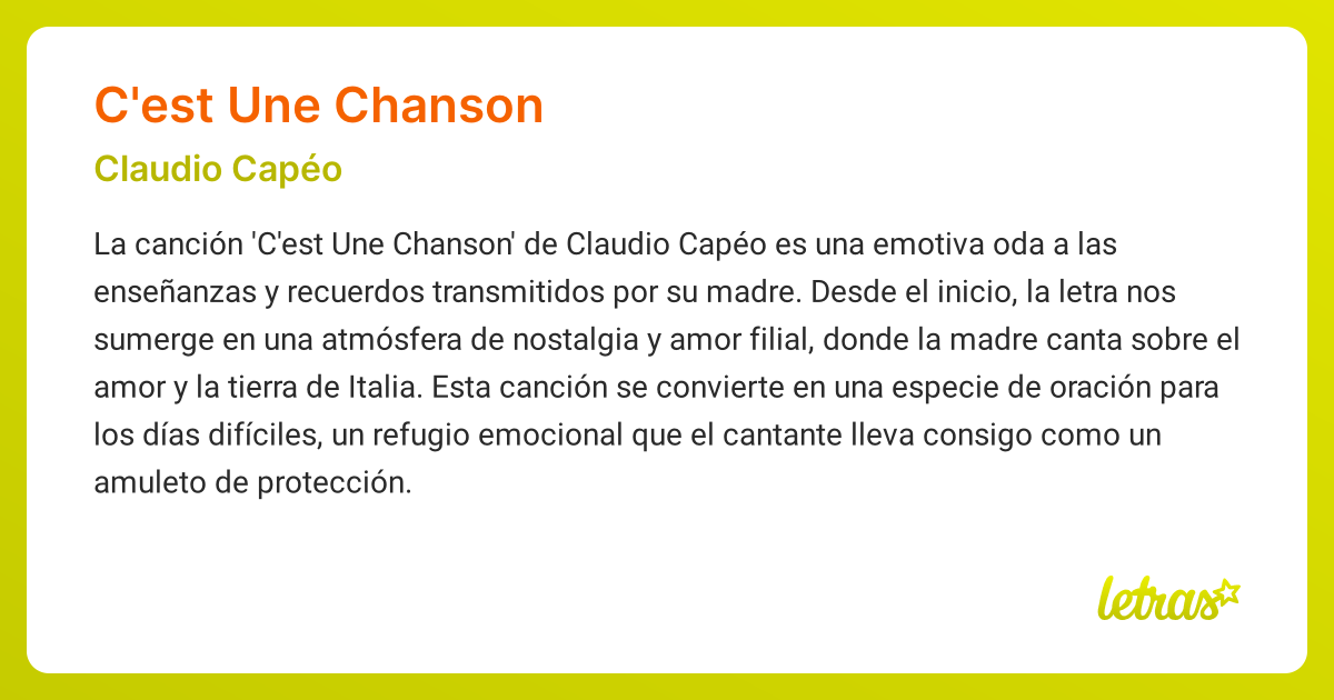 Significado de la canción C'EST UNE CHANSON (Claudio Capéo) - LETRAS.COM