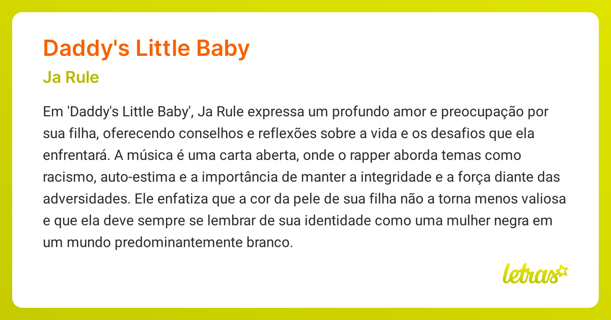 Significado da música DADDY'S LITTLE BABY (Ja Rule) - LETRAS.MUS.BR