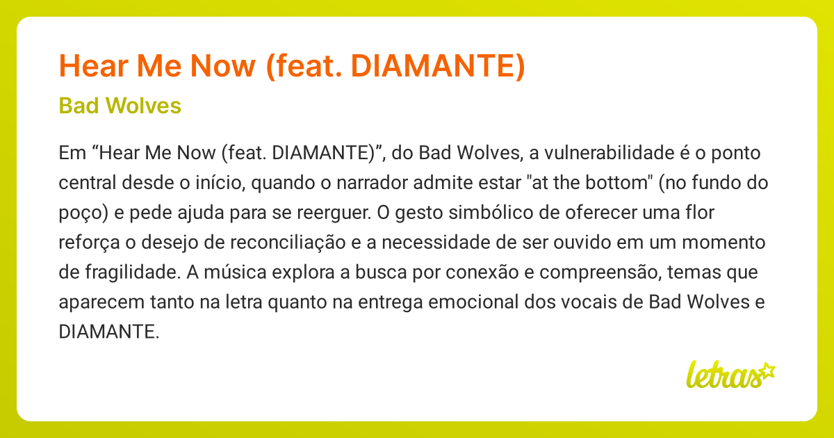 Significado da música HEAR ME NOW (FEAT. DIAMANTE) (Bad Wolves ...
