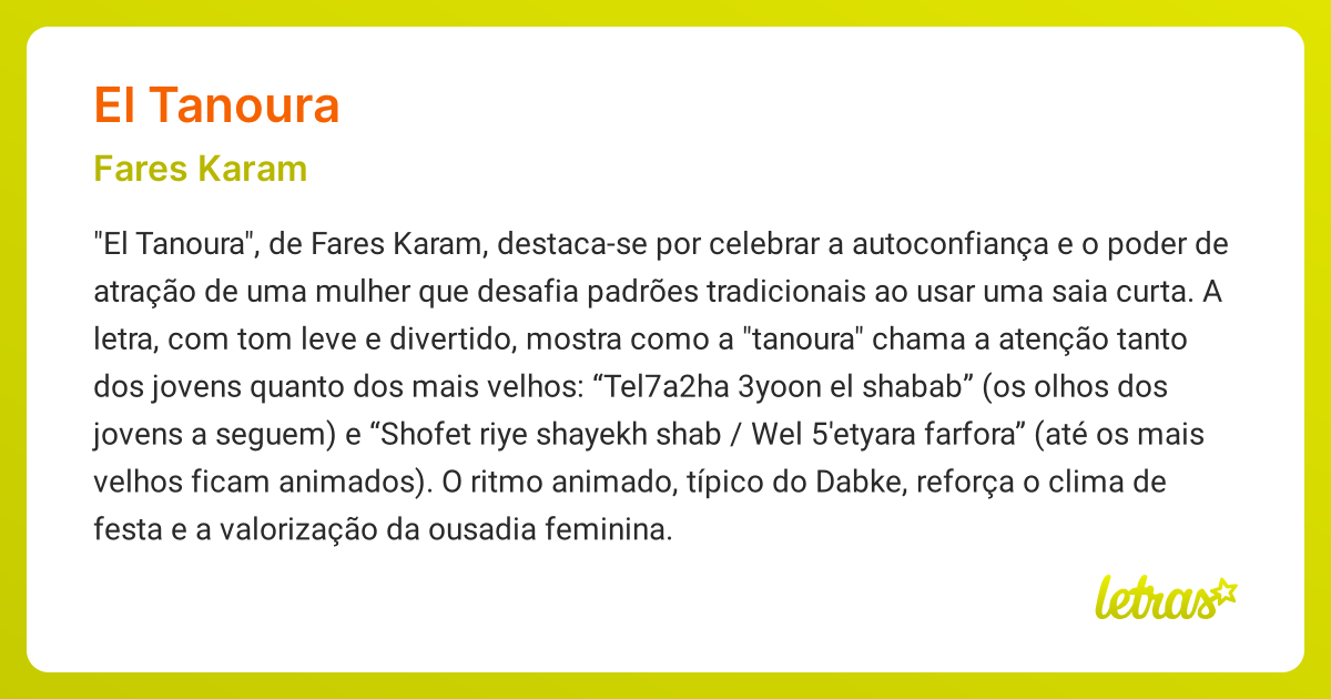 Significado da música EL TANOURA (Fares Karam) - LETRAS.MUS.BR
