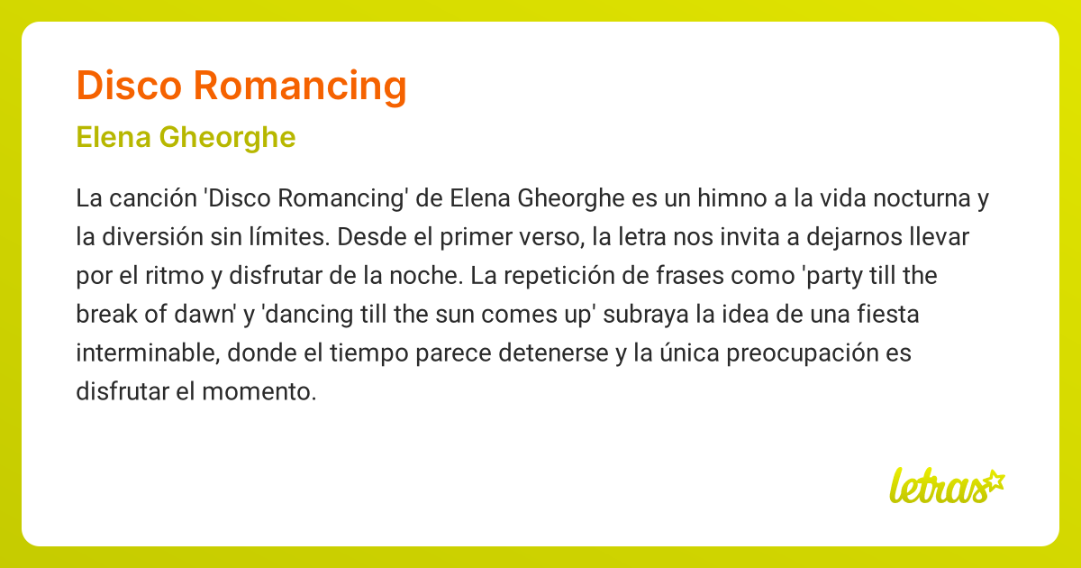 Significado de la canción DISCO ROMANCING (Elena Gheorghe) - LETRAS.COM