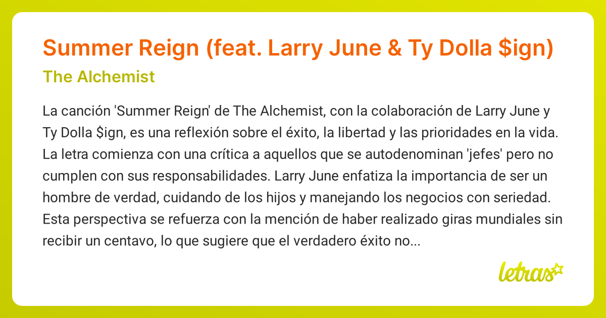 Significado de la canción Summer Reign (feat. Larry June & Ty Dolla ...