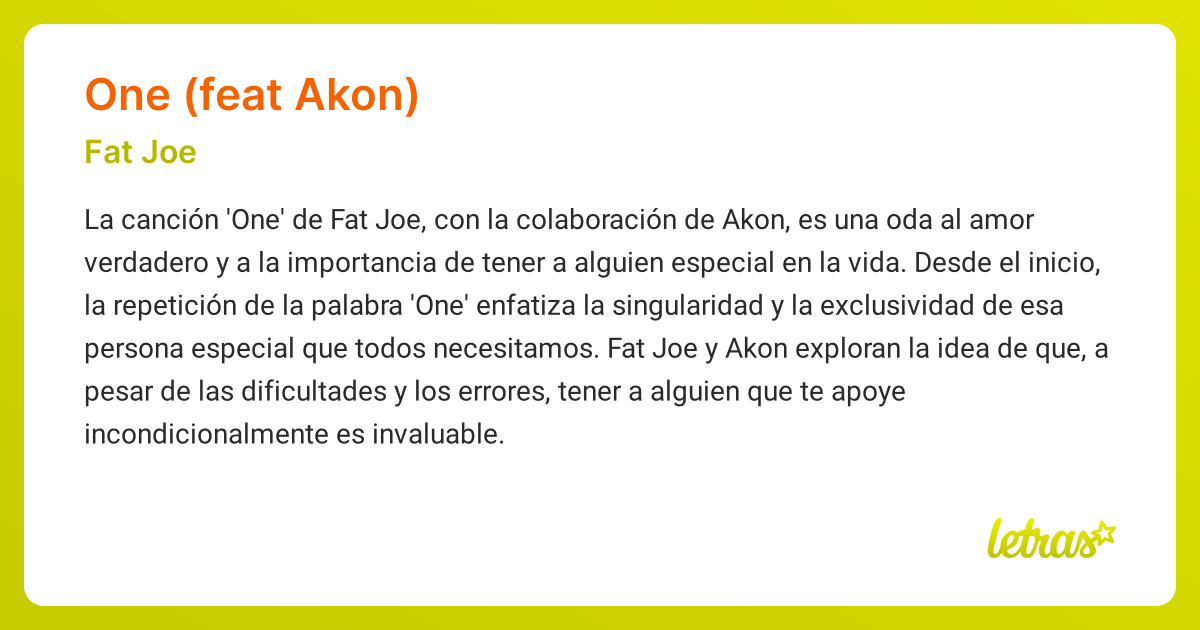 Significado de la canción ONE (FEAT AKON) (Fat Joe) - LETRAS.COM