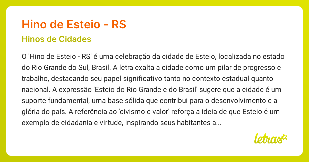 Significado da música HINO DE ESTEIO - RS (Hinos de Cidades) - LETRAS ...