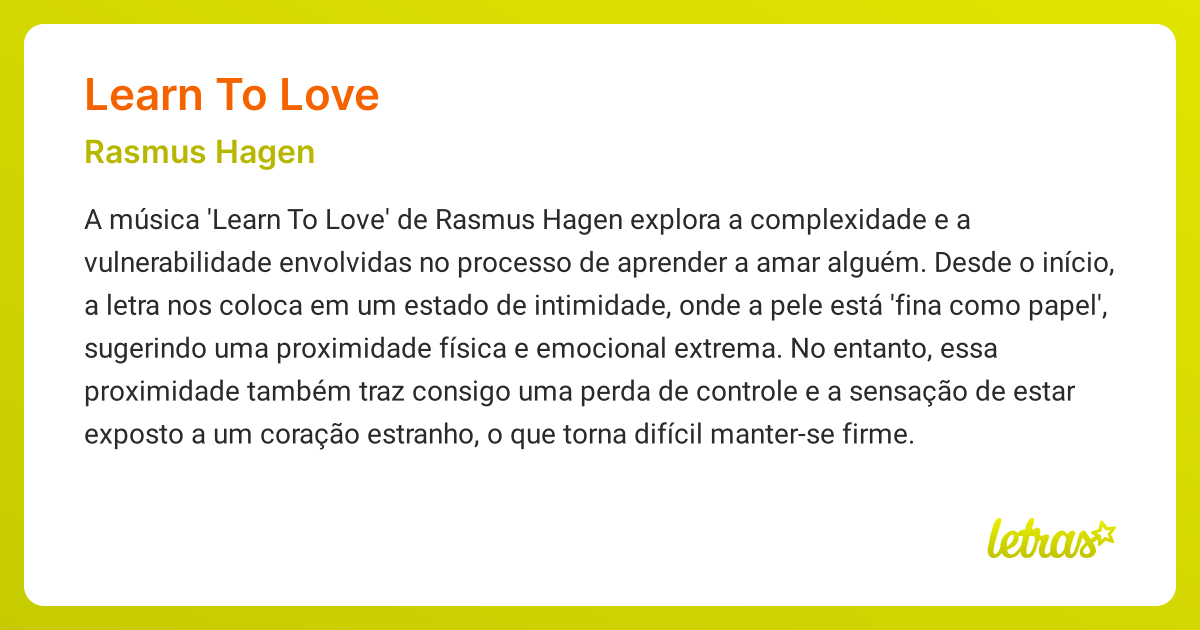 Significado da música LEARN TO LOVE (Rasmus Hagen) - LETRAS.MUS.BR