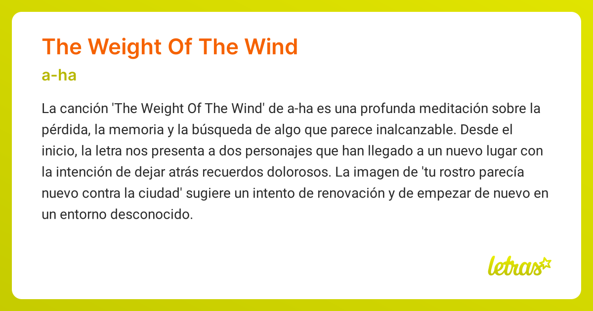 Significado de la canción THE WEIGHT OF THE WIND (a-ha) - LETRAS.COM