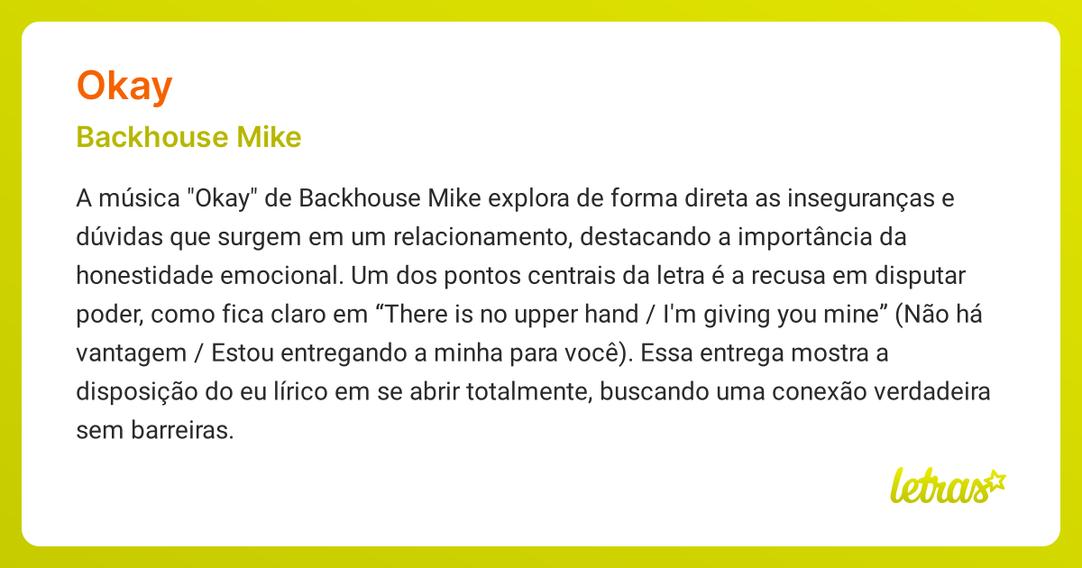 Significado da música OKAY (Backhouse Mike) - LETRAS.MUS.BR