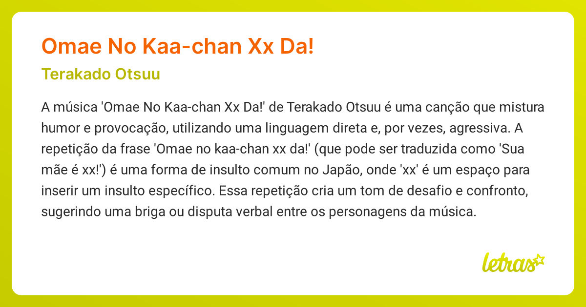 Significado da música OMAE NO KAA-CHAN XX DA! (Terakado Otsuu) - LETRAS ...